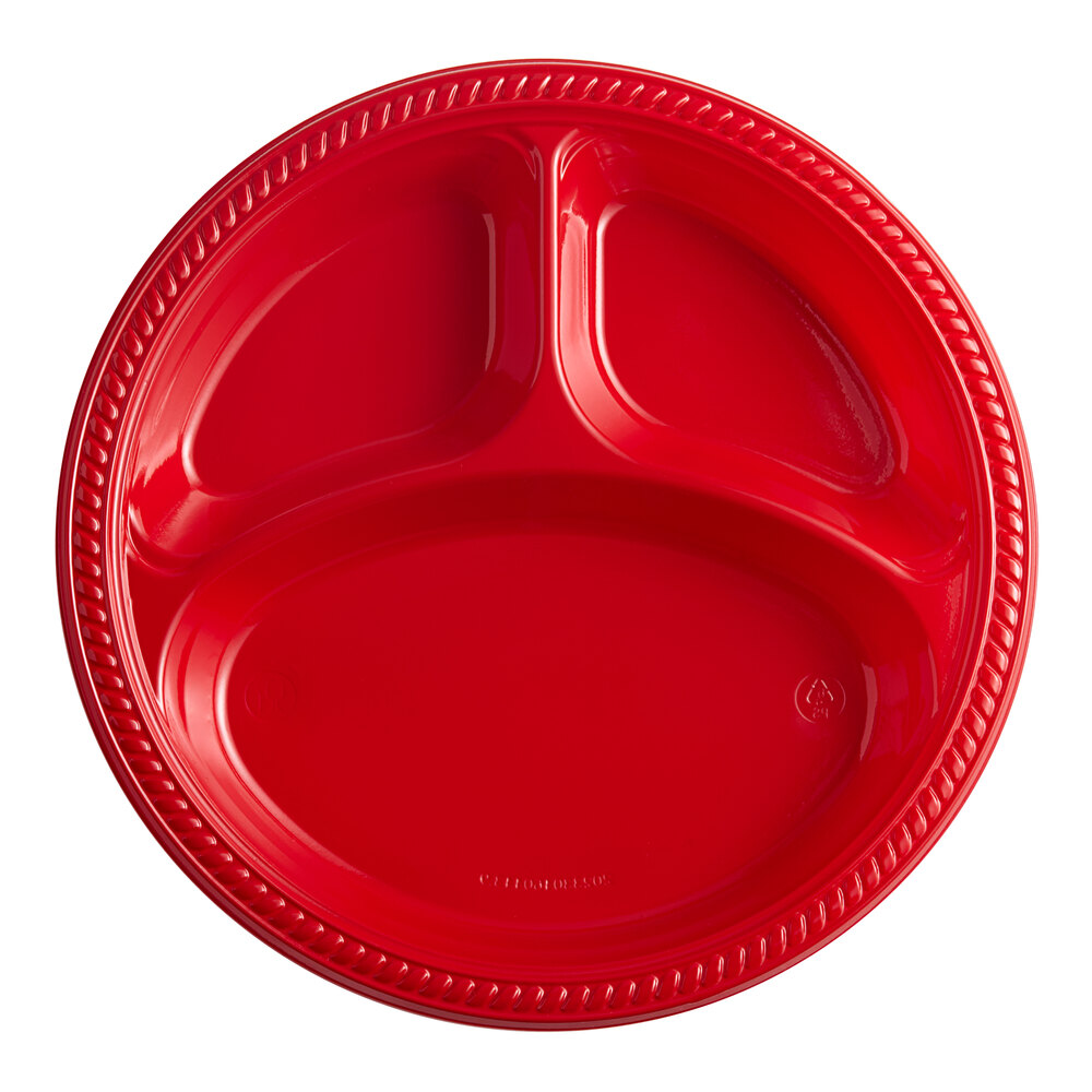 Choice 10 1/4" 3-Compartment Red Plastic Plate - 125/Pack