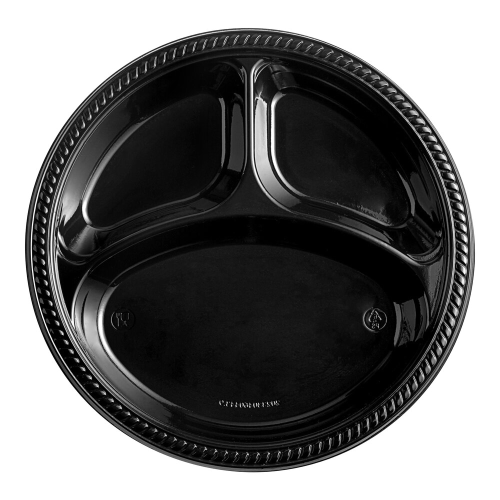 Choice 10 1/4" 3-Compartment Black Plastic Plate - 125/Pack