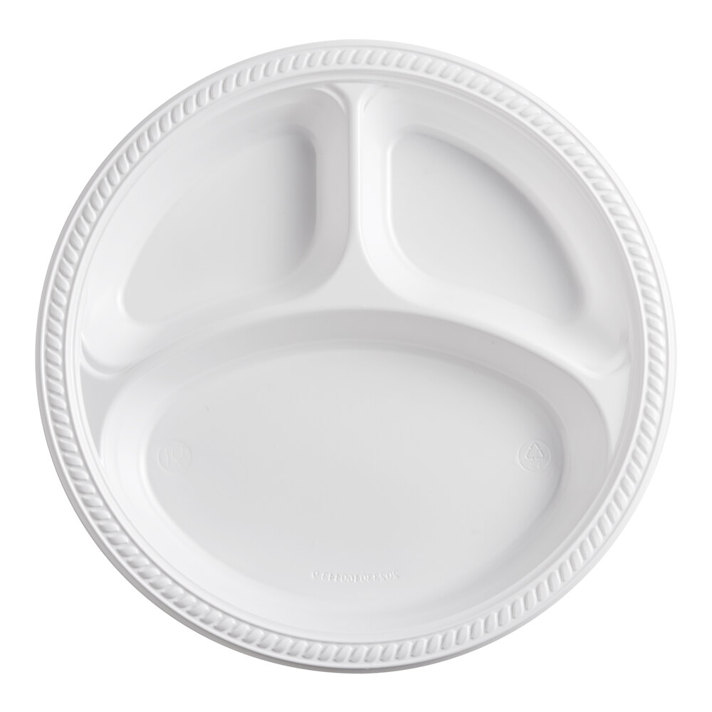 Choice 10 1/4" 3-Compartment White Plastic Plate - 125/Pack