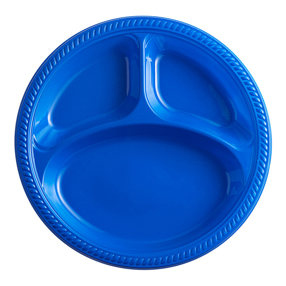 Choice 10 1/4" 3-Compartment Blue Plastic Plate - 500/Case