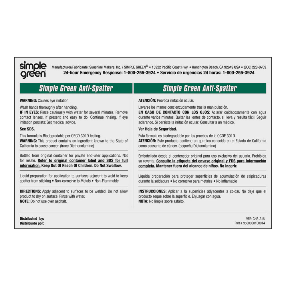Simple Green 9510001000014 Anti-Spatter Solution Bilingual Secondary ...