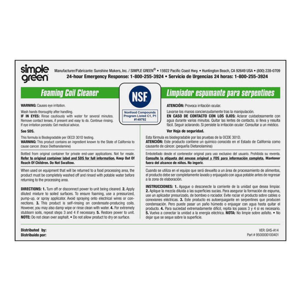 Simple Green 9510001000401 Foaming Coil Cleaner Bilingual Secondary ...