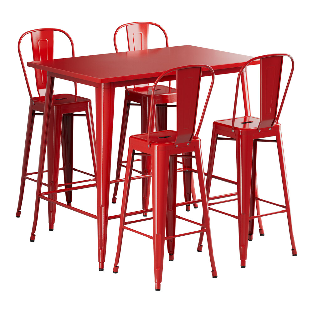 Lancaster Table & Seating Alloy 48" x 30" Ruby Red Bar Height Outdoor Table with 4 Cafe Barstools