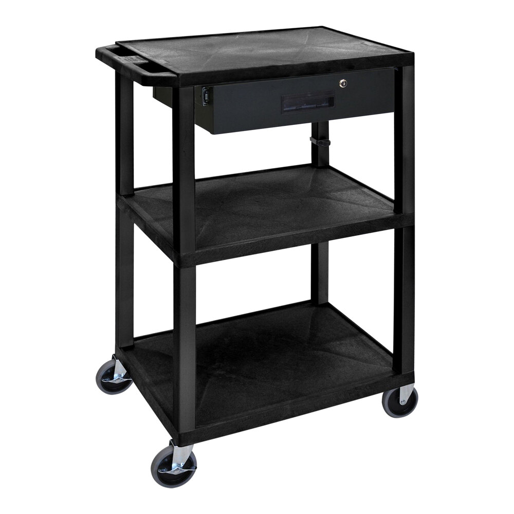 Luxor Tuffy 24" x 18" x 42 1/2" Black Plastic 3-Shelf Utility Cart with ...