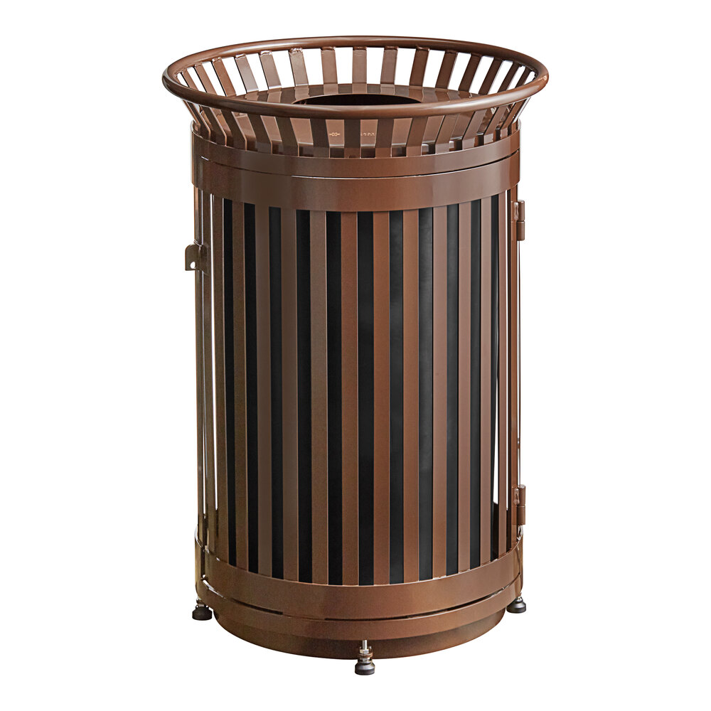 Lancaster Table & Seating 45 Gallon Heavy-Duty Round Brown Steel Slatted Outdoor Trash Can with ...
