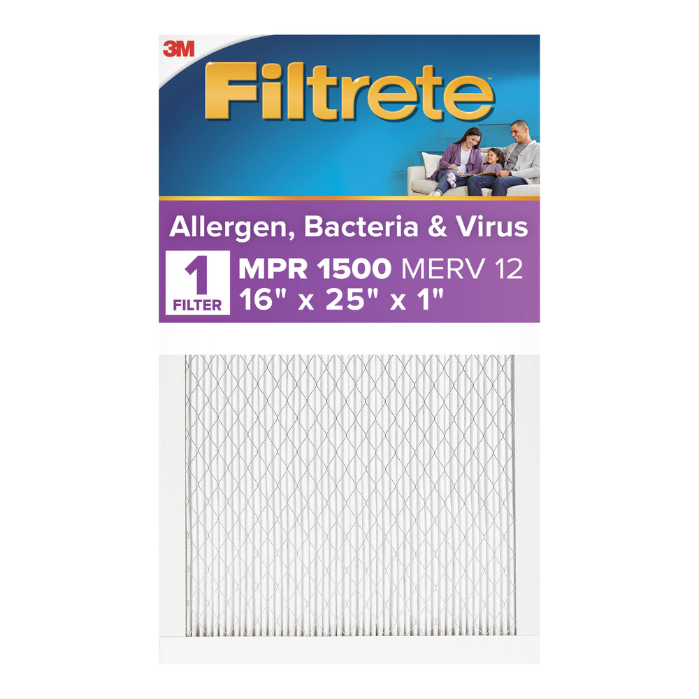3M Filtrete 16" x 25" x 1" MPR 1500 High-Performance Allergen, Bacteria, and Virus Air Filter ...