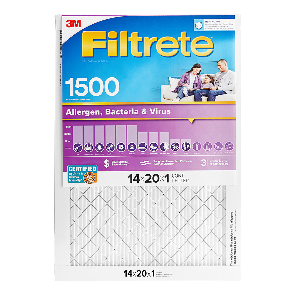 3M Filtrete 14" x 20" x 1" MPR 1500 High-Performance Allergen, Bacteria ...