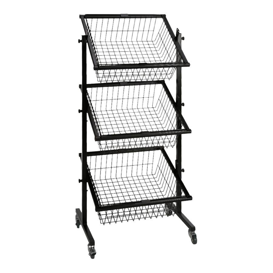 22 1/2" x 18" x 49" 3-Tier Black Steel Mobile Merchandising Display ...