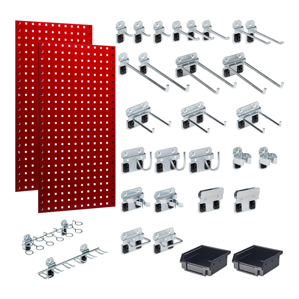 Triton Products 18" x 36" Red Steel LocBoard Kit with 28 Hooks and 2 Bins