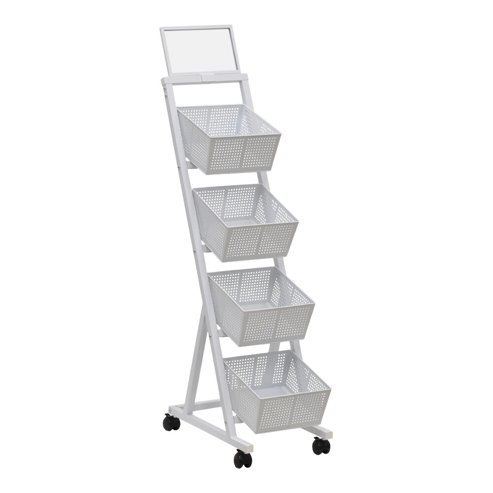 12 3/4" x 21" x 49 1/2" 4-Basket White Steel Mobile Retail Display Rack ...