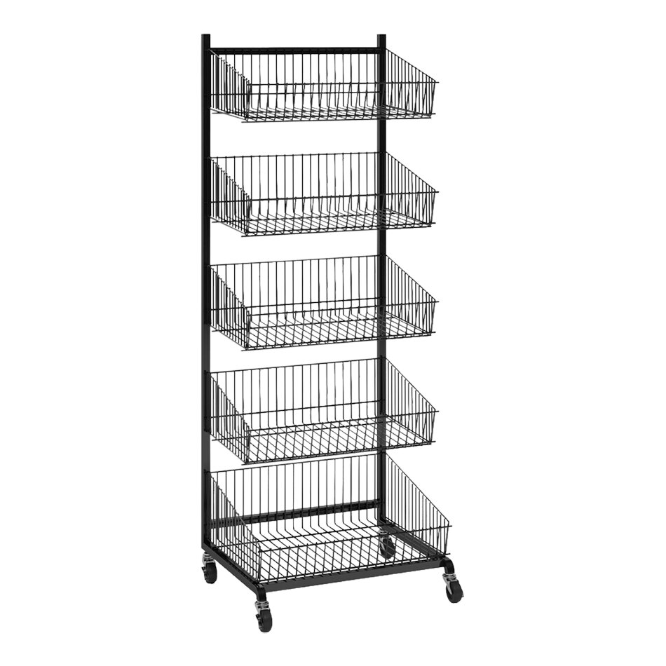 23 1/2" x 21" x 58" 5-Tier Black Steel Mobile Merchandising Display ...