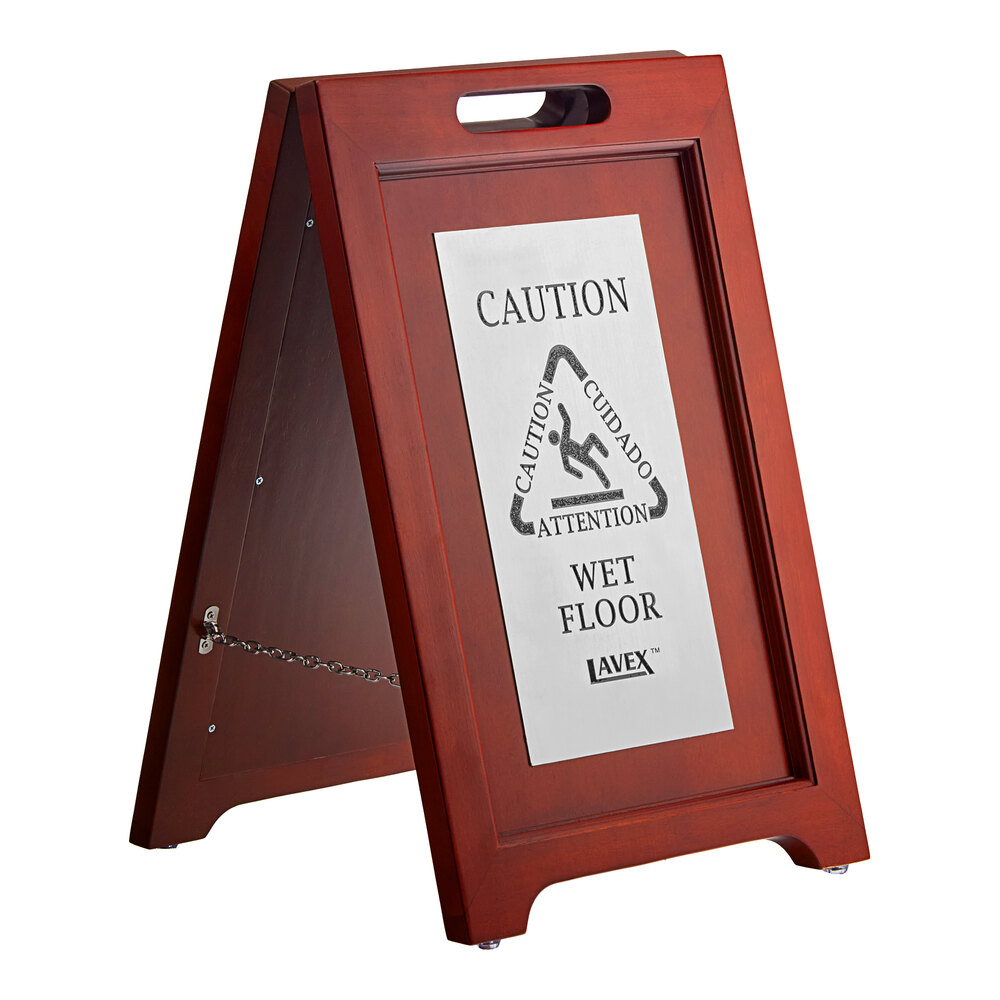 Lavex Wood A-Frame Wet Floor Sign with Stainless Steel Plates