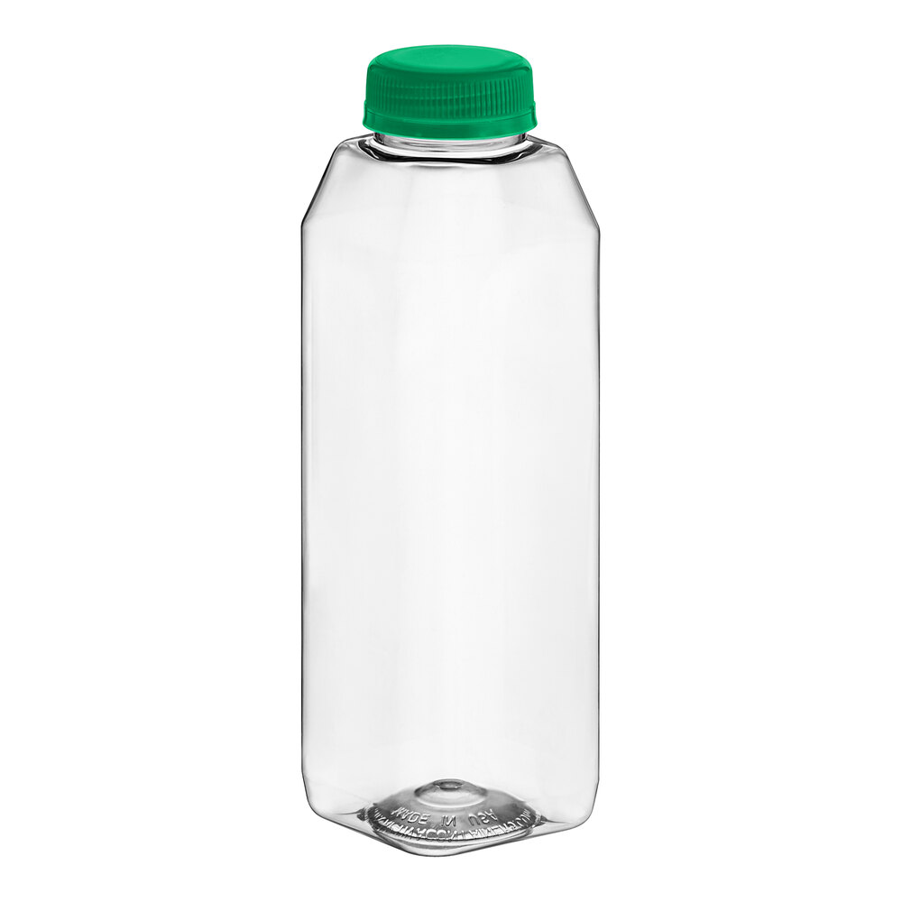 Captiva Containers 16 oz. Tall Square PET Clear Juice Bottle with Green ...