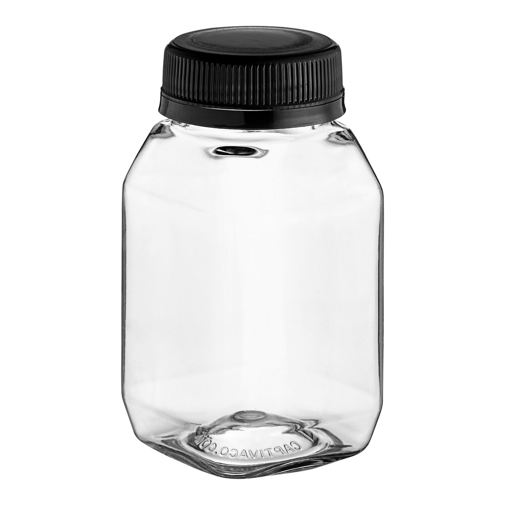 Captiva Containers 4 oz. Square PET Clear Energy Bottle with Black Lid ...