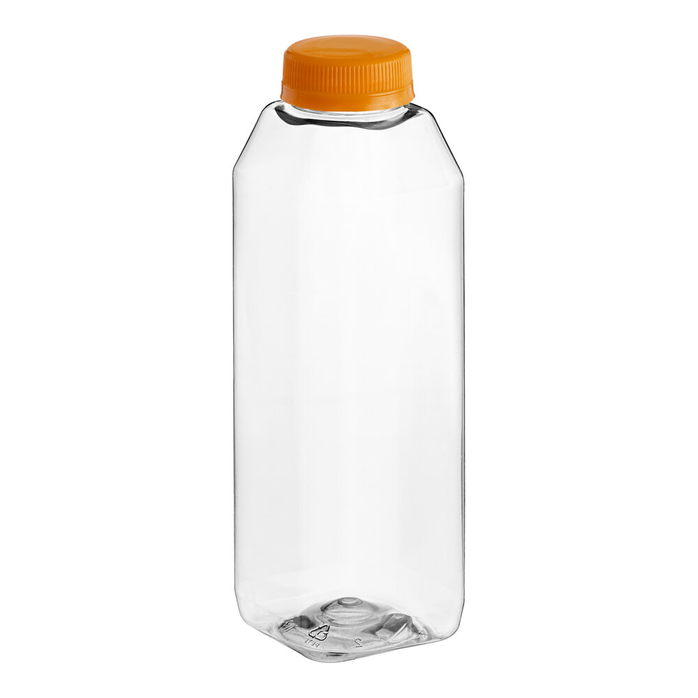 16 oz. Tall Square rPET Clear Juice Bottle with Orange Lid - 160/Case