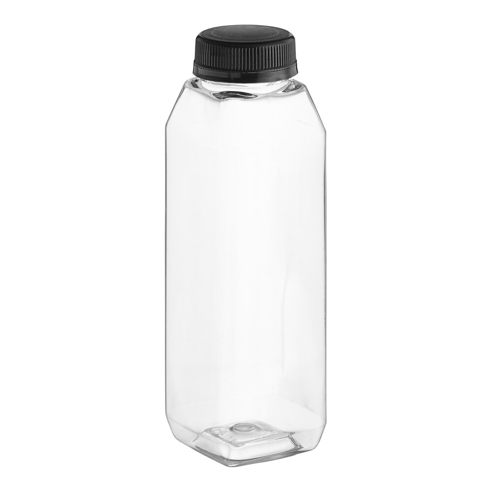 Captiva Containers 10 oz. Square PET Clear Juice Bottle with Black Lid ...