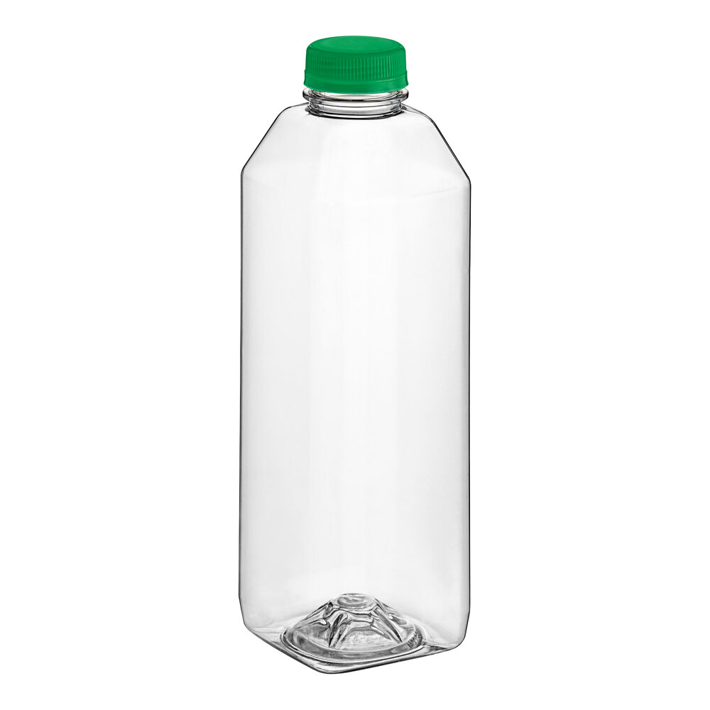 Captiva Containers 32 oz. Square PET Clear Juice Bottle with Green Lid ...