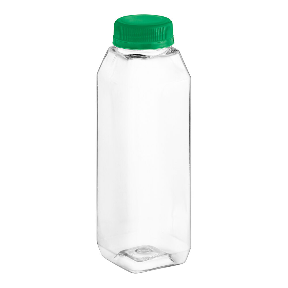 Captiva Containers 10 oz. Square PET Clear Juice Bottle with Green Lid ...
