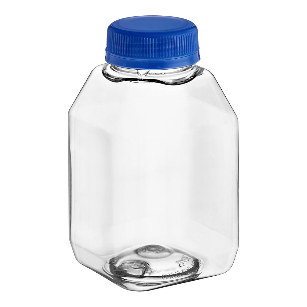 Captiva Containers 8 oz. Square PET Clear Juice Bottle with Blue Lid ...