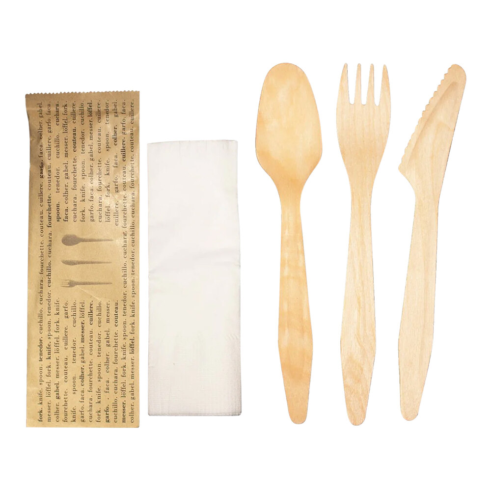 VerTerra 7 1/4" Compostable Heavy-Duty Wooden Cutlery Set with Napkin ...
