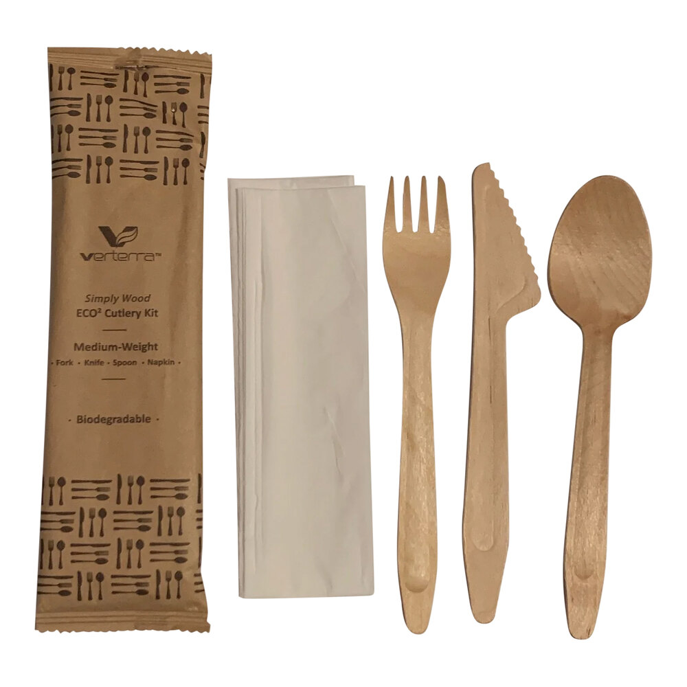 VerTerra Eco2® 6" Compostable Wooden Cutlery Set with Napkin - 400/Case