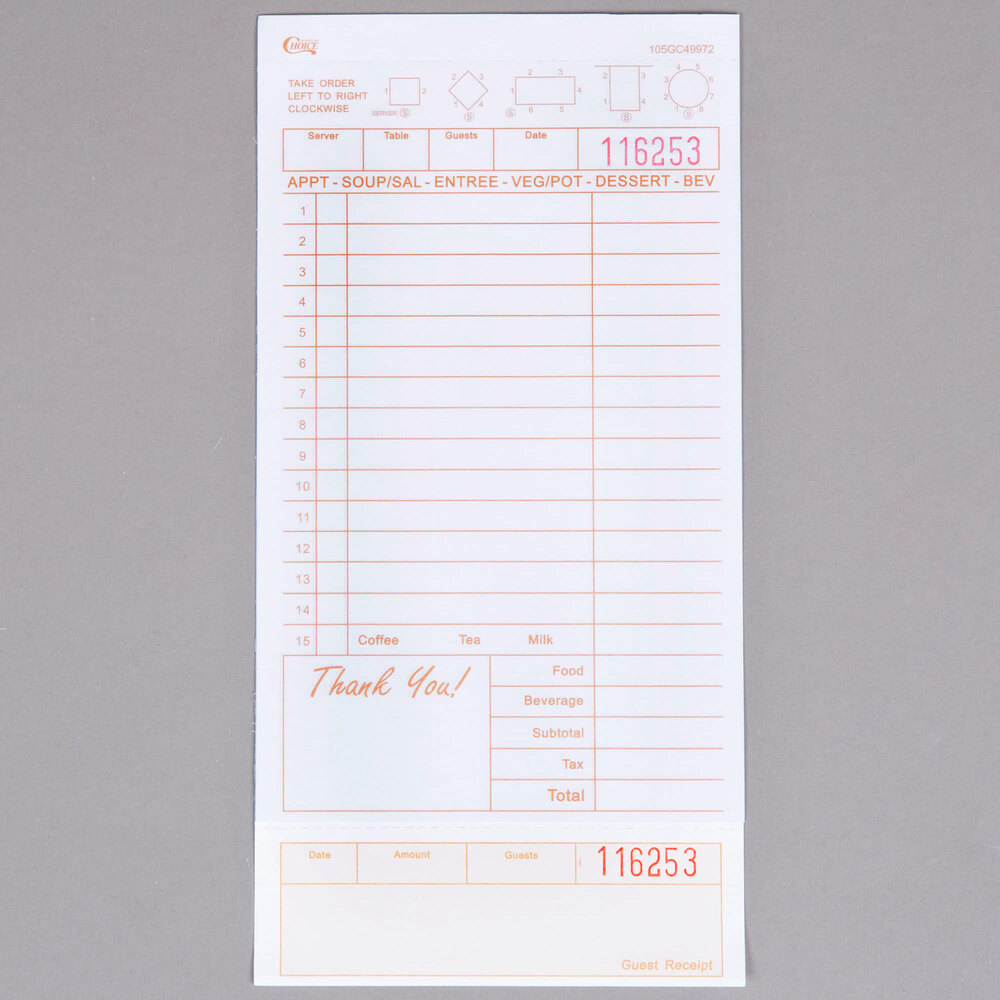 Choice 2 Part Tan and White Carbonless Guest Check with Beverage Lines ...