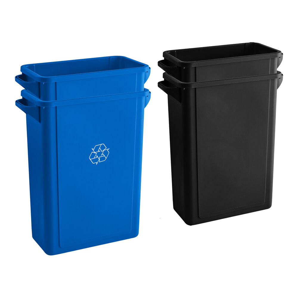 Lavex 16 Gallon Black and Blue Slim Rectangular Trash Can - 4/Case