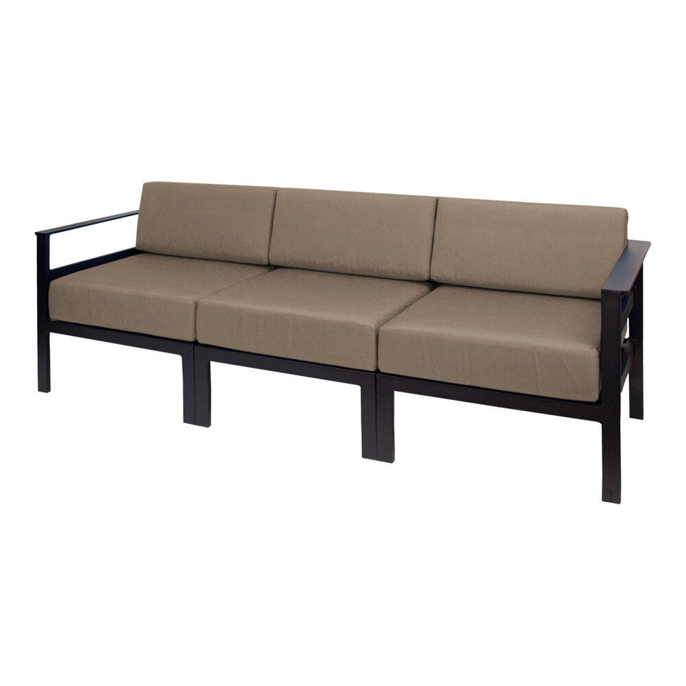 BFM Seating Belmar Black Outdoor Sofa with Sunbrella Flint Brown Cushions