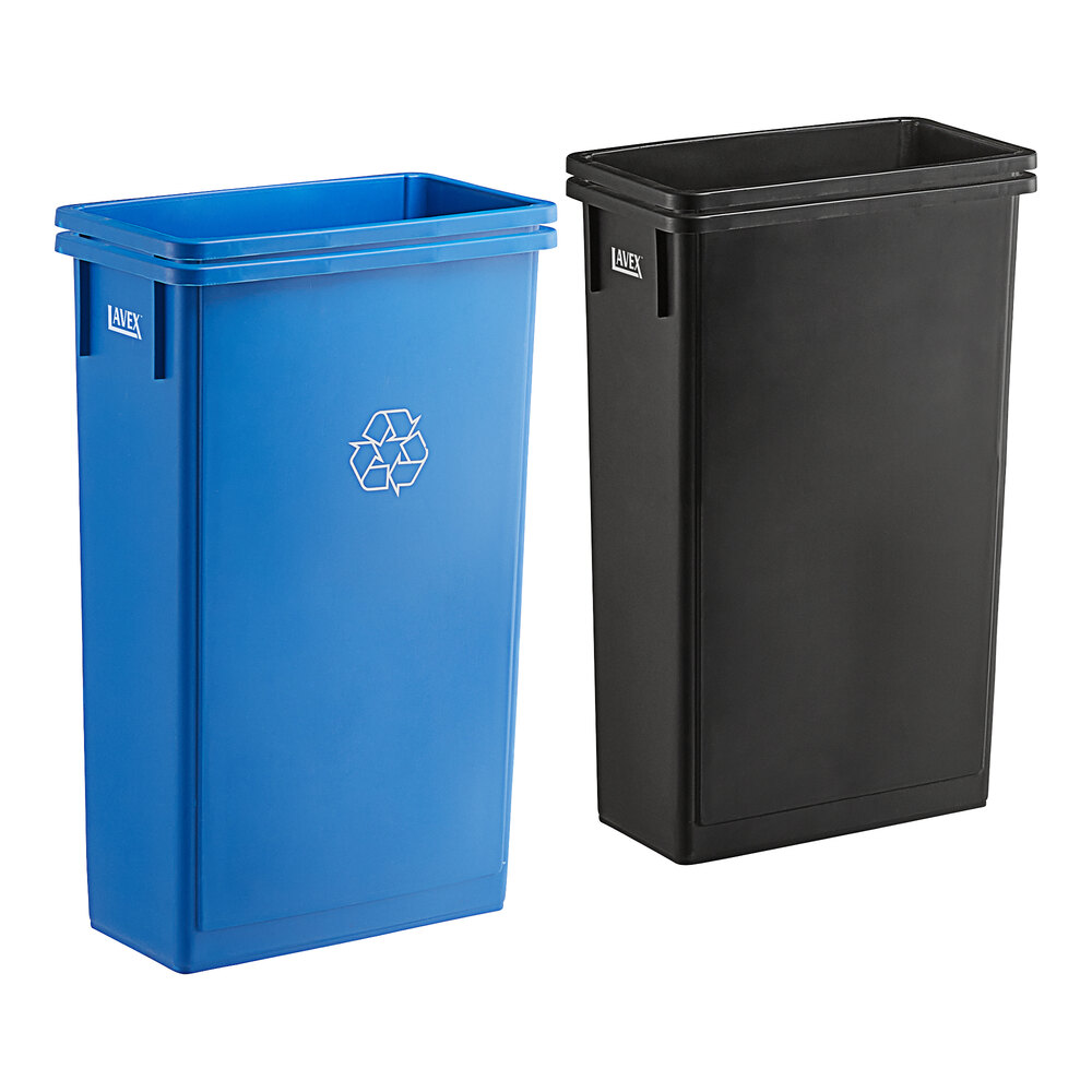 Lavex 23 Gallon Black and Blue Slim Rectangular Trash Can - 4/Case