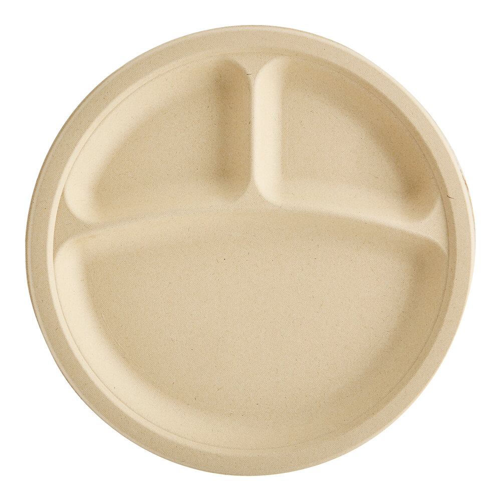 Tellus Products 10" Compostable Fiber 3-Compartment Plate - 125/Pack