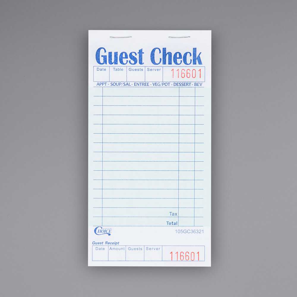 Choice 1 Part Green and White Guest Check with Bottom Guest Receipt ...