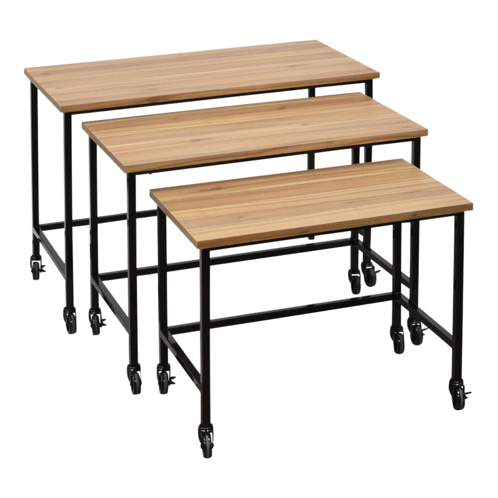 3-Piece Olive Wood Mobile Nesting Display Table Set with Black Steel Legs