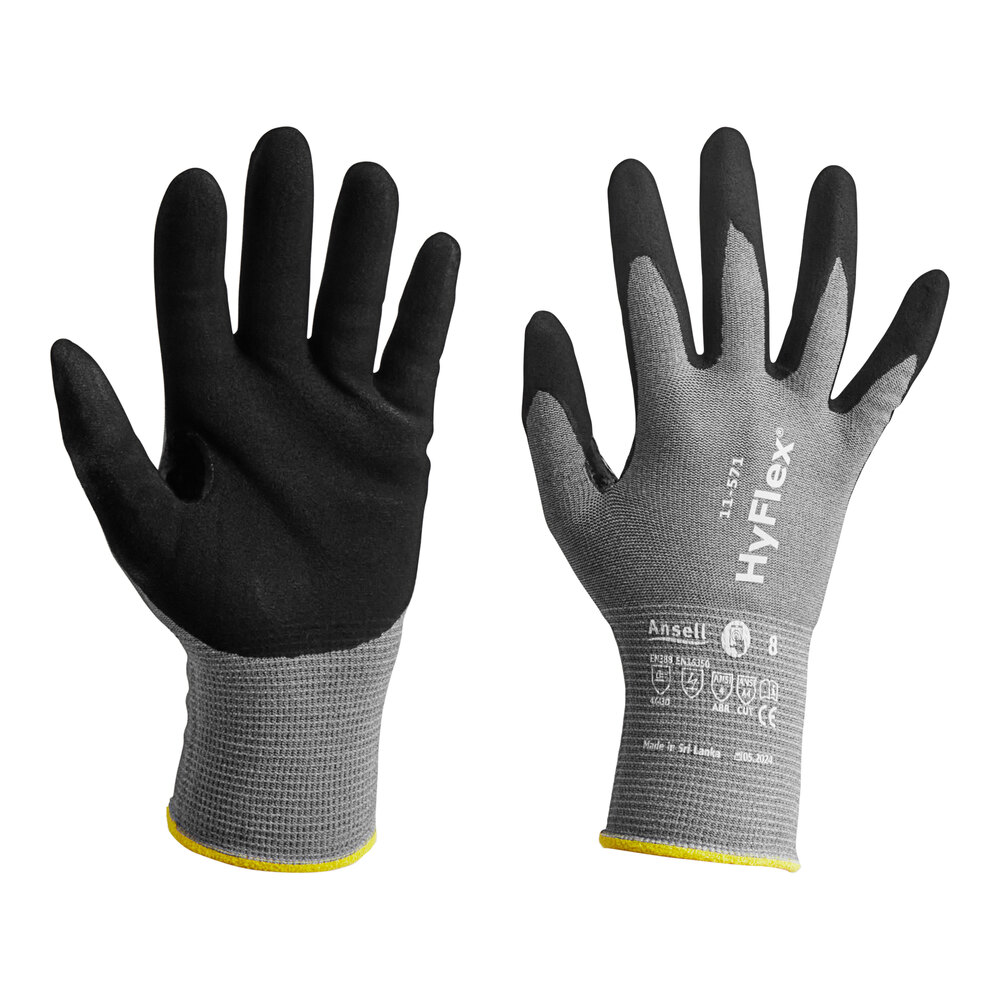 Ansell HyFlex® 11-571 Gray Knitted Gloves with Black Palm-Dipped, Thumb ...