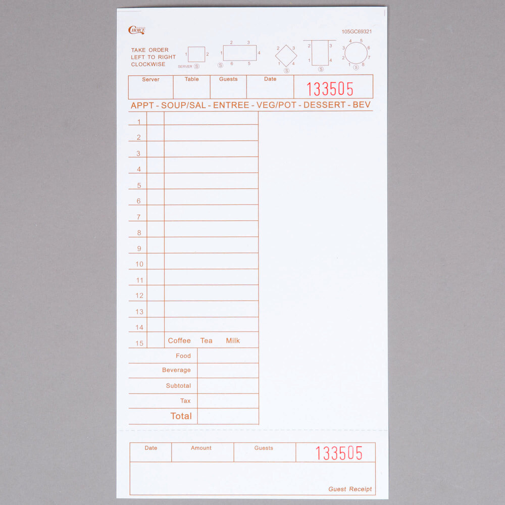 Choice 1 Part Tan and White Guest Check with Note Space, Beverage Lines ...