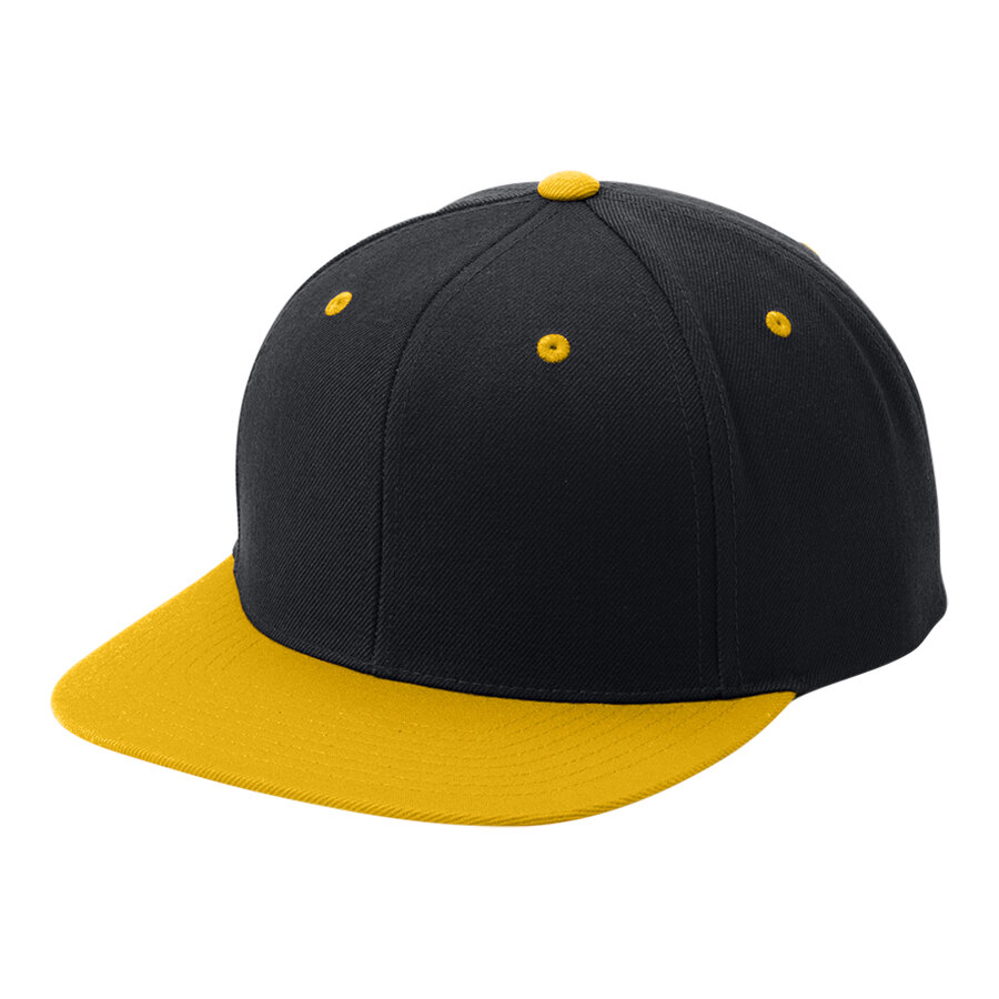 Sport-Tek STC19 Customizable Black / Gold 6-Panel Flat Bill Snapback ...