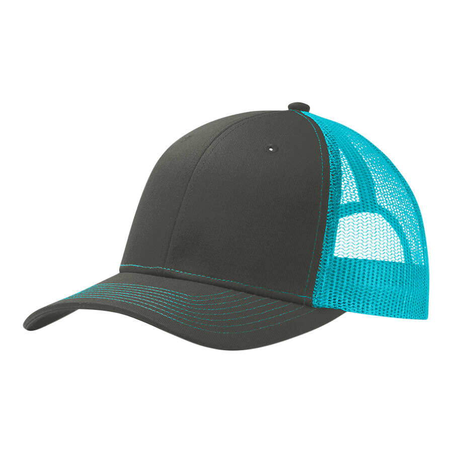 Port Authority C402 Customizable Gray Steel / Neon Blue 6-Panel Trucker ...