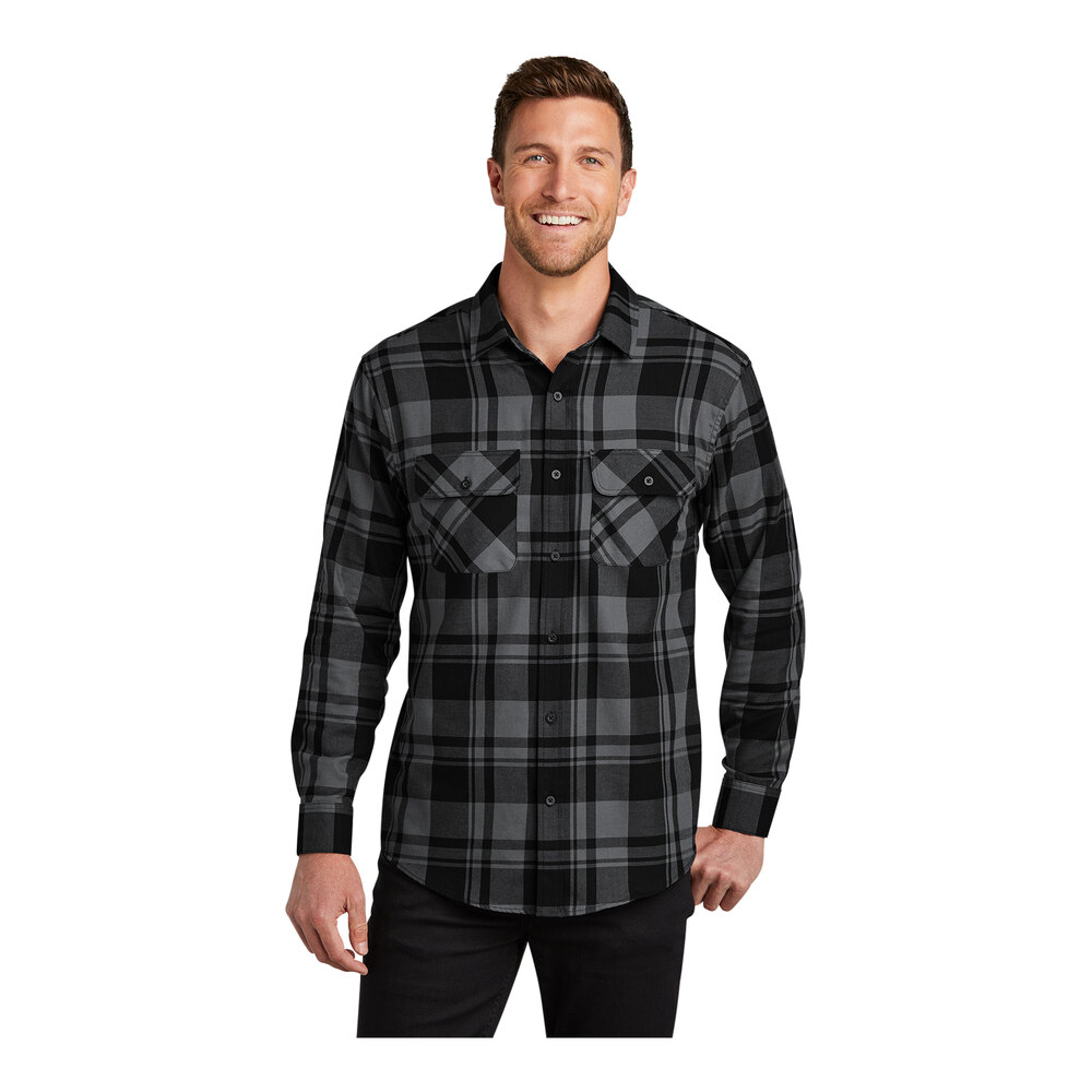 Port Authority W668 Unisex Customizable Gray / Black Plaid Long Sleeve ...