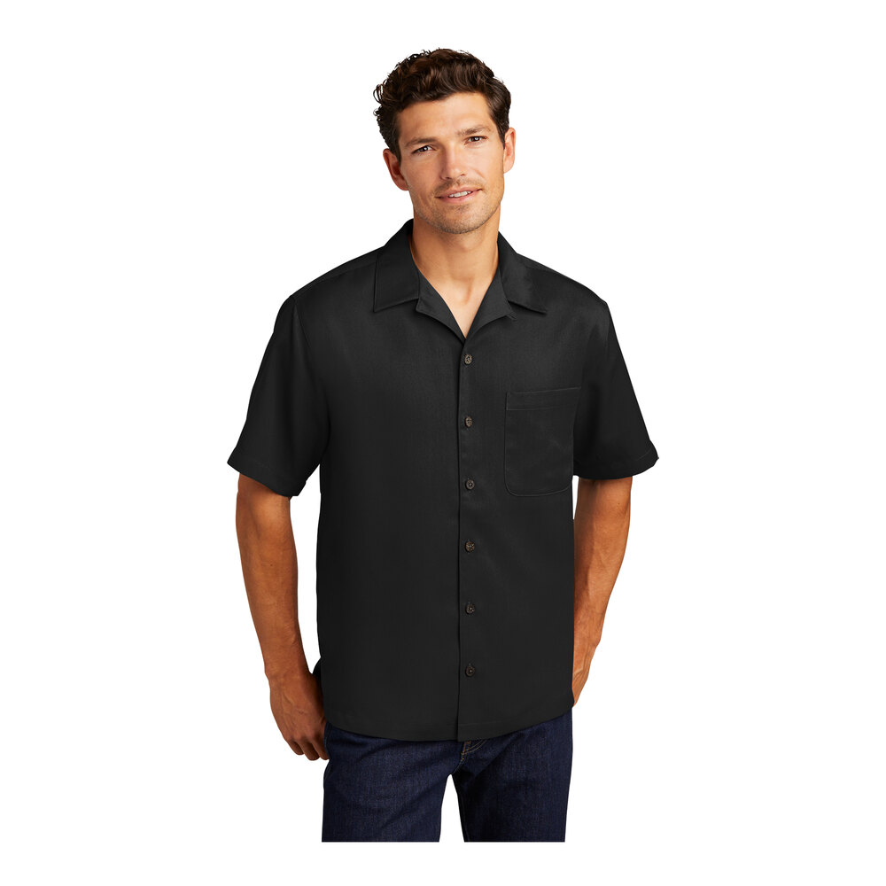 Port Authority S535 Unisex Customizable Black Short Sleeve Easy-Care Camp Shirt with Stain ...