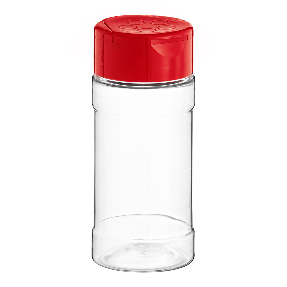 4 oz. Round Plastic Spice Container and 43/485 Red Induction-Lined Flip ...