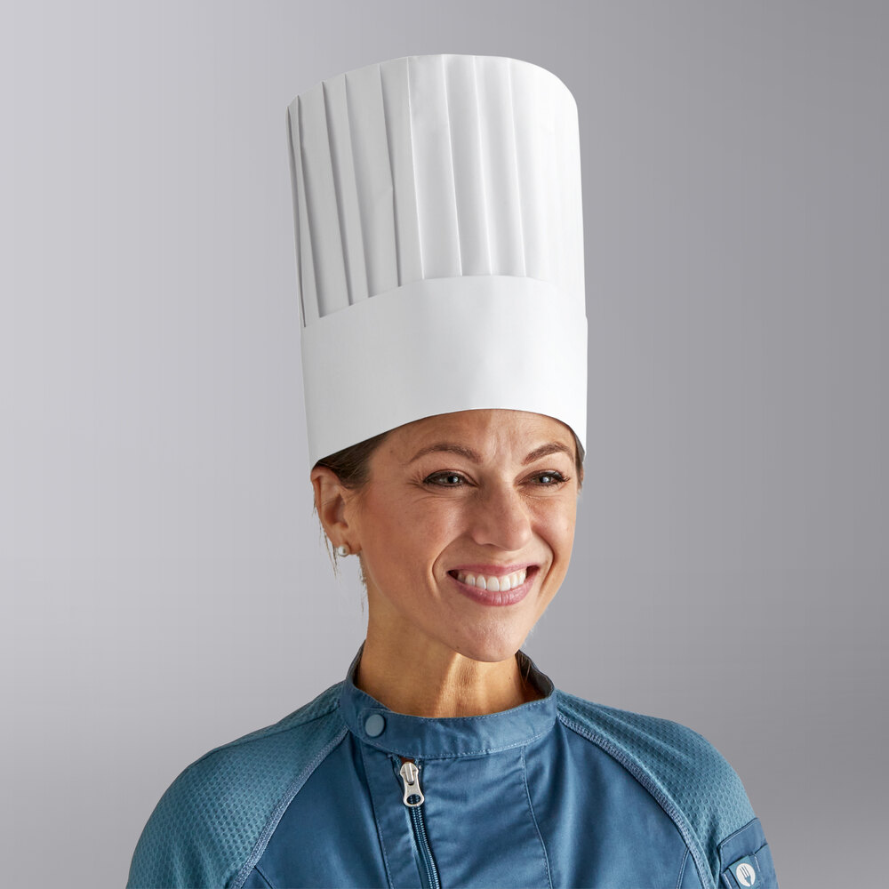 Choice 10" White Pleated Disposable Chef Hat, Fully Formed - 12/Case