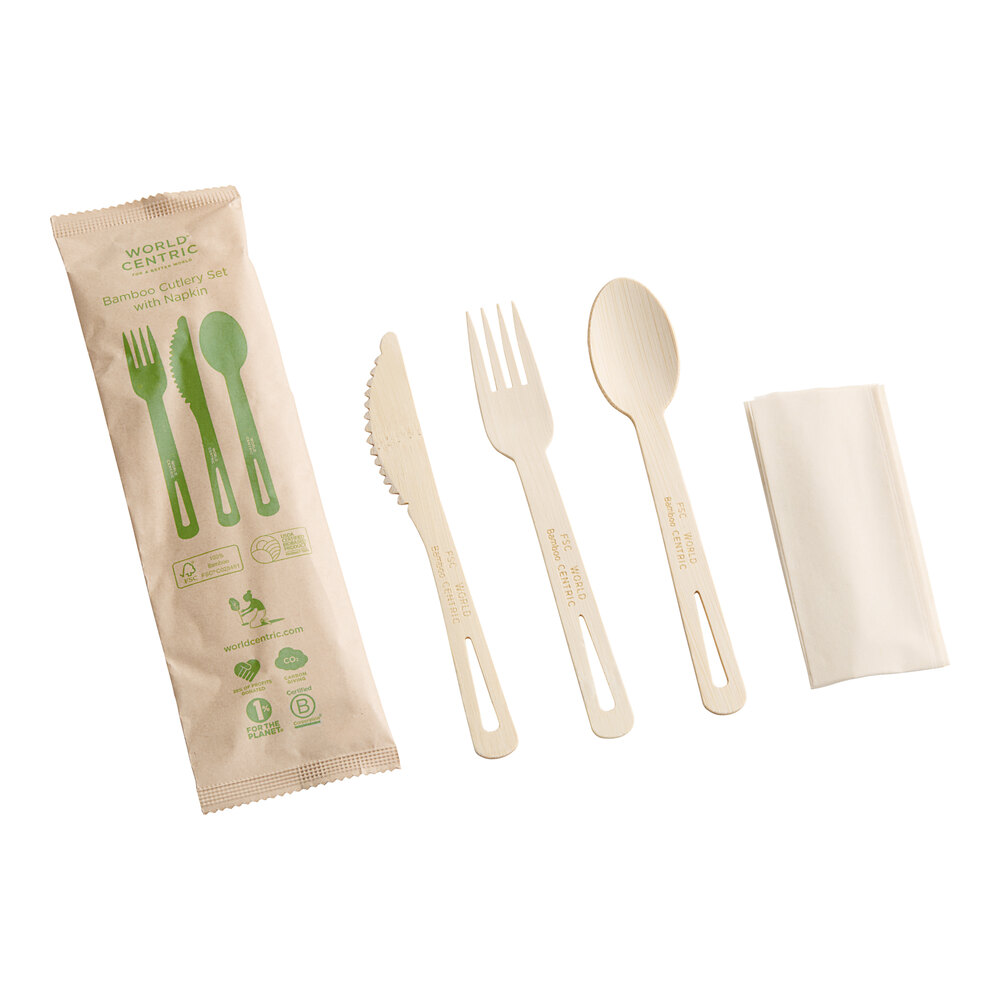 World Centric 6 11/16" Wrapped Compostable Bamboo Assorted Cutlery with ...