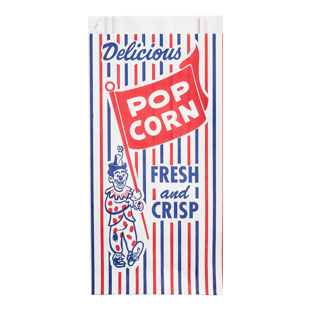 Bagcraft 4" x 1 1/2" x 8" 16 oz. Printed "Delicious" Clown Popcorn Bag ...
