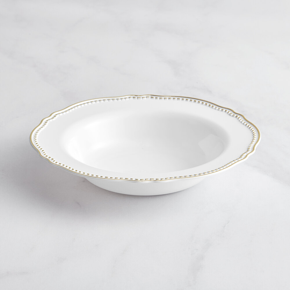 Visions Heirloom 10 oz. White Round Plastic Bowl with Gold Vintage Rim ...