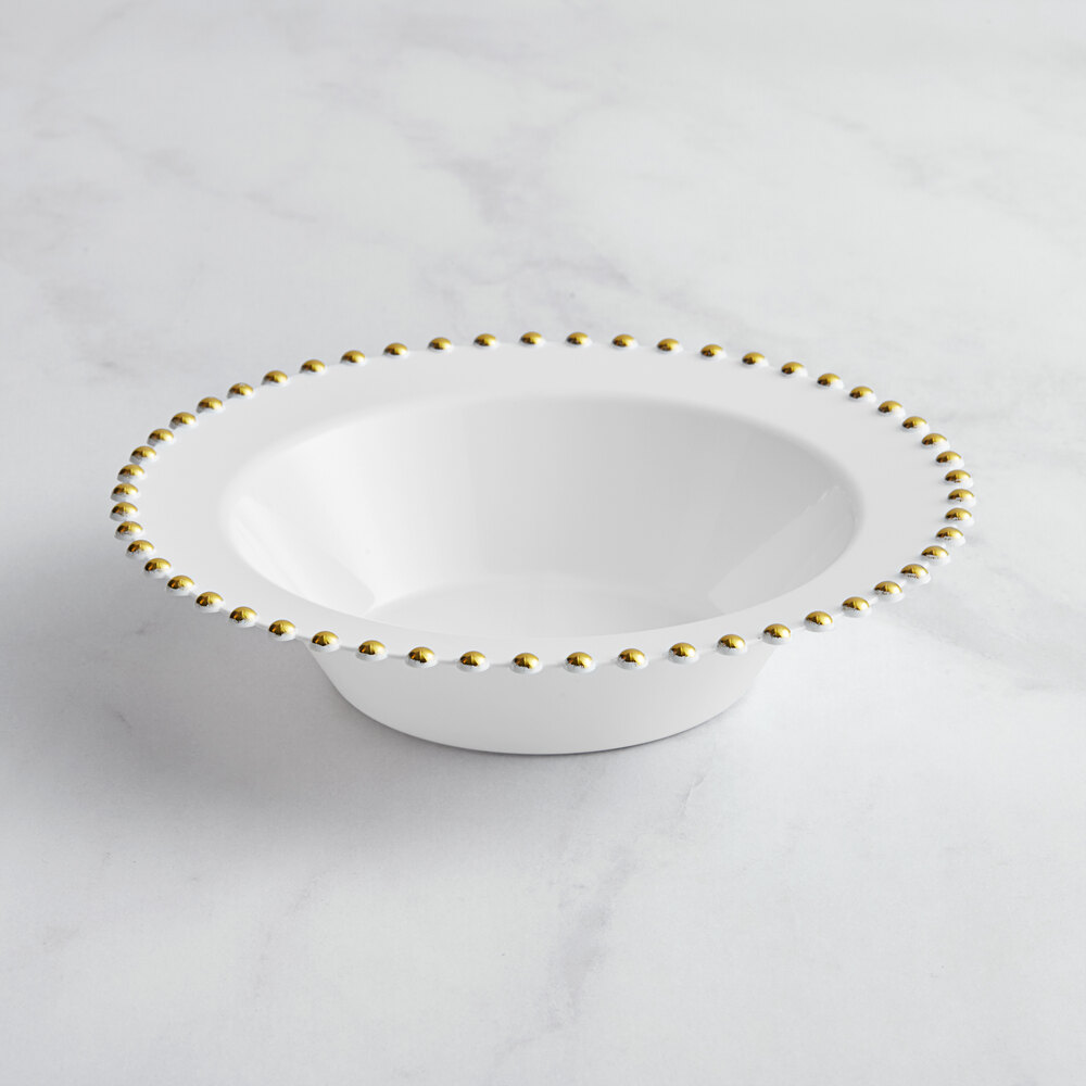 Visions Beaded 14 oz. White Round Plastic Bowl with Gold Beaded Rim ...