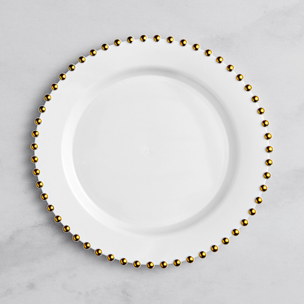 Visions Beaded 7 1/2" White Round Plastic Plate with Gold Beaded Rim ...