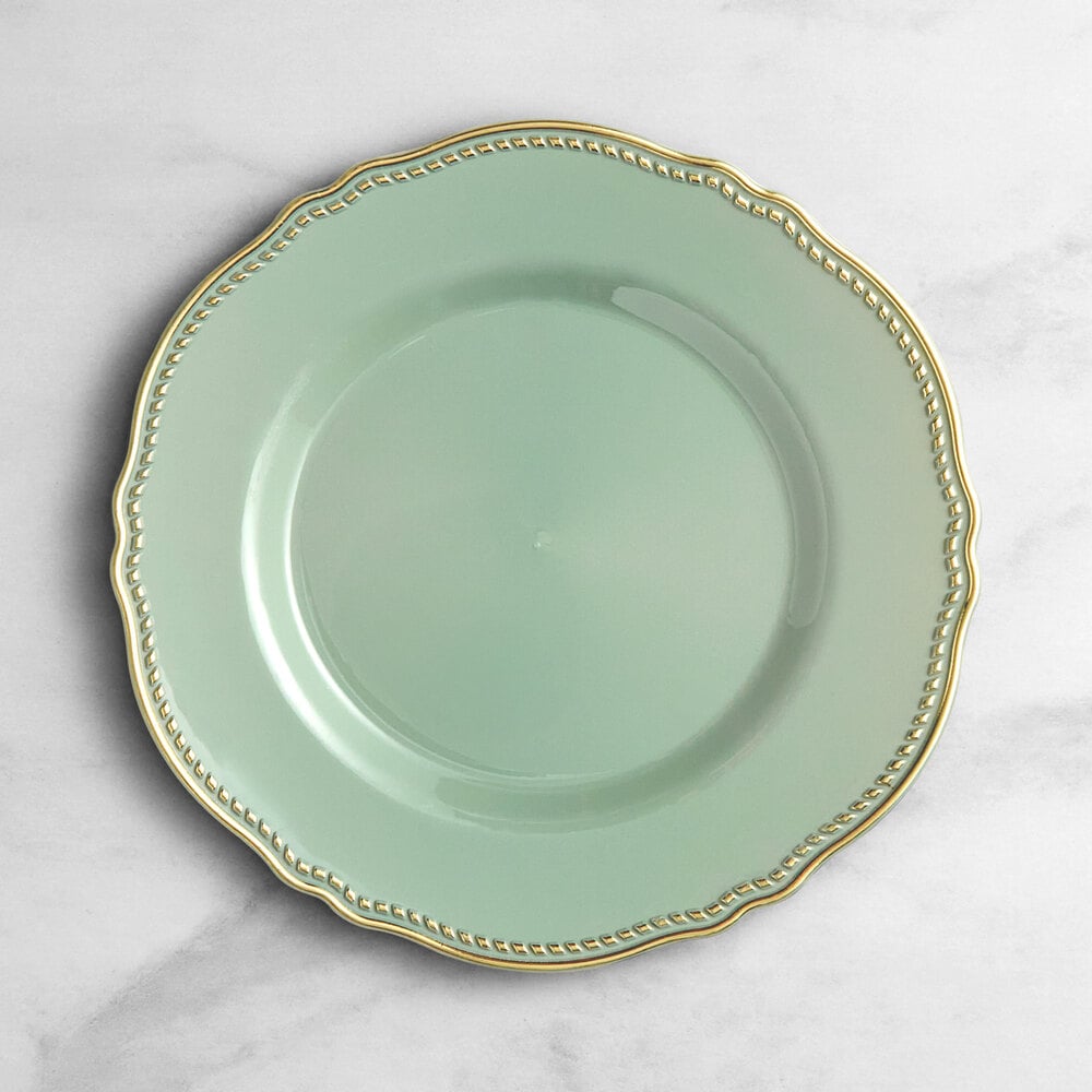 Green Round Plastic Plate with Gold Rim - 10" in Bulk