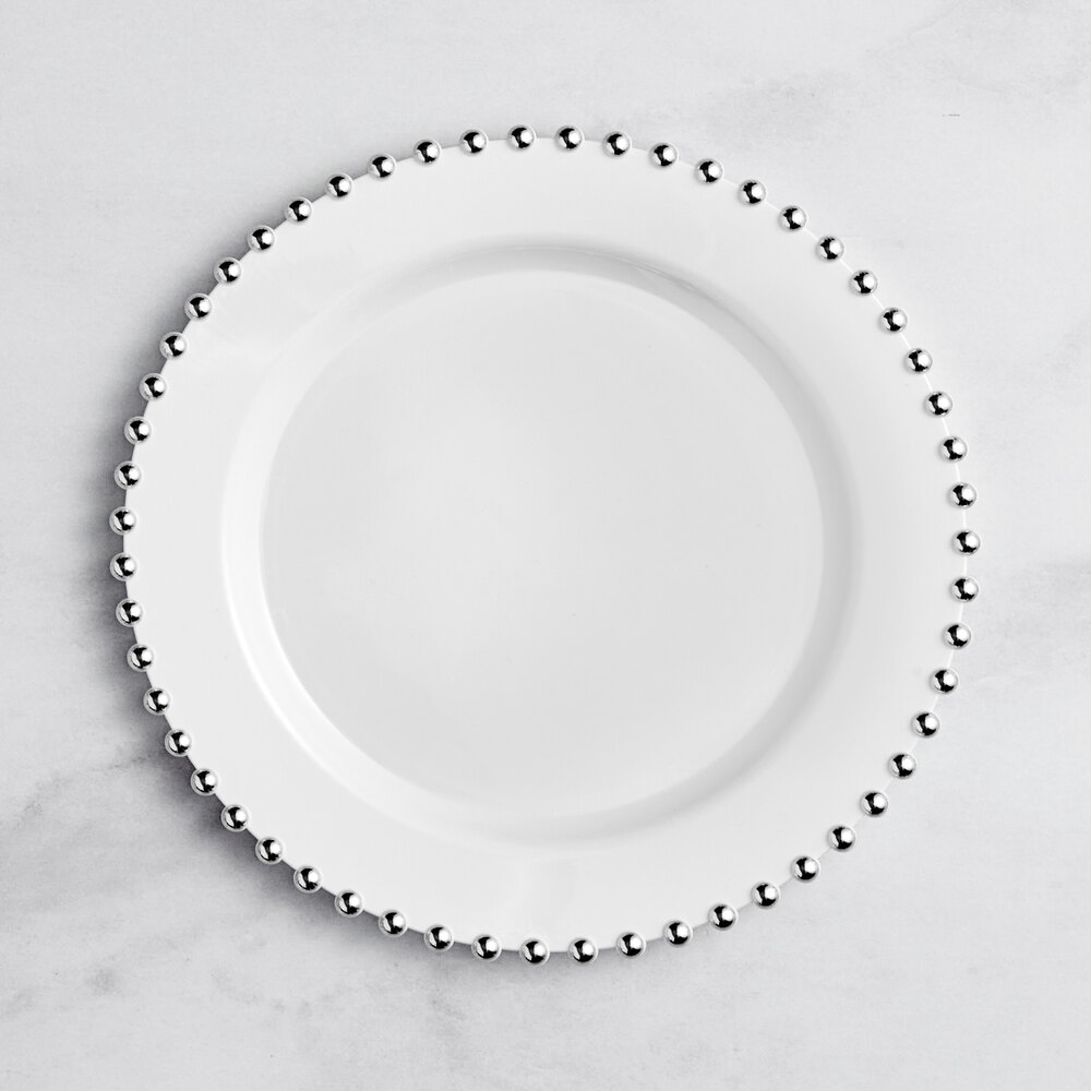 Visions Beaded 7 1/2" White Round Plastic Plate with Silver Beaded Rim ...