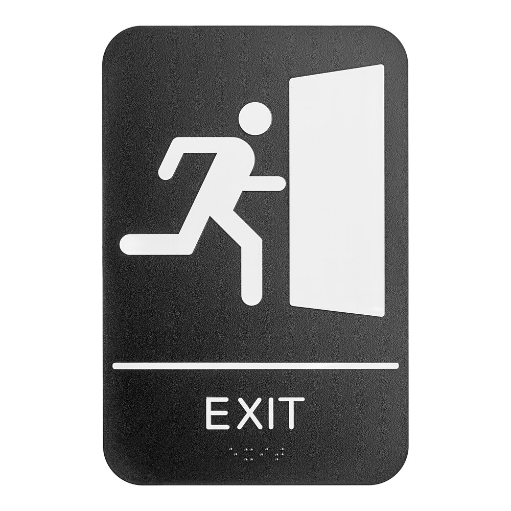 Lavex 9" x 6" Black / White Plastic Exit Sign with Braille