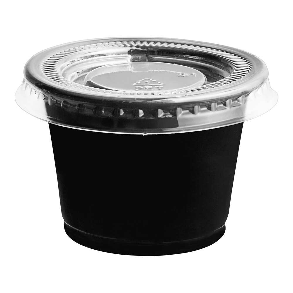 Choice 1 oz. Black Plastic Souffle Cup / Portion Cup with PET Plastic ...