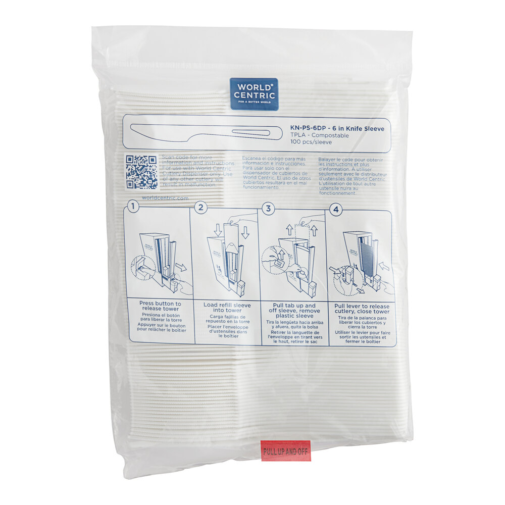 World Centric PLA Knife Refill Sleeve for World Centric Touchless Cutlery Dispenser - 100/Pack